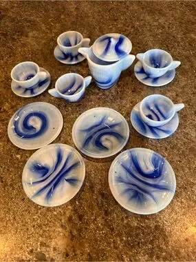 Accessories | Vintage Glass Childs Tea Set Milk And Blue Artisan Glass ...